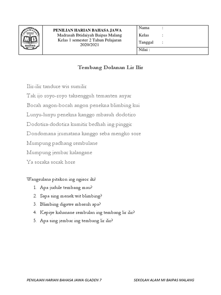 Soal Tembang Dolanan Kelas 1 SD | PDF | Seni & Disiplin Bahasa