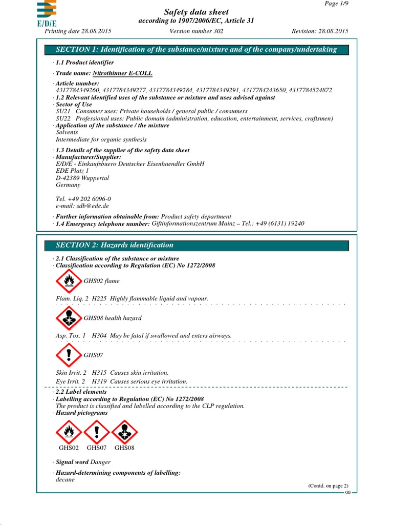 MSDS Diluant Nitro E-Coll SD - GB - ED036 - 4317784524872 | PDF ...