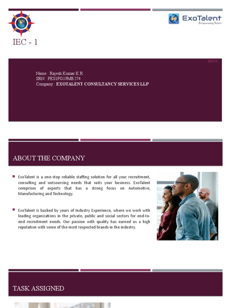 Name: Rajesh Kumar K.R SRN: PES1PG19MB274 Company: Exotalent ...