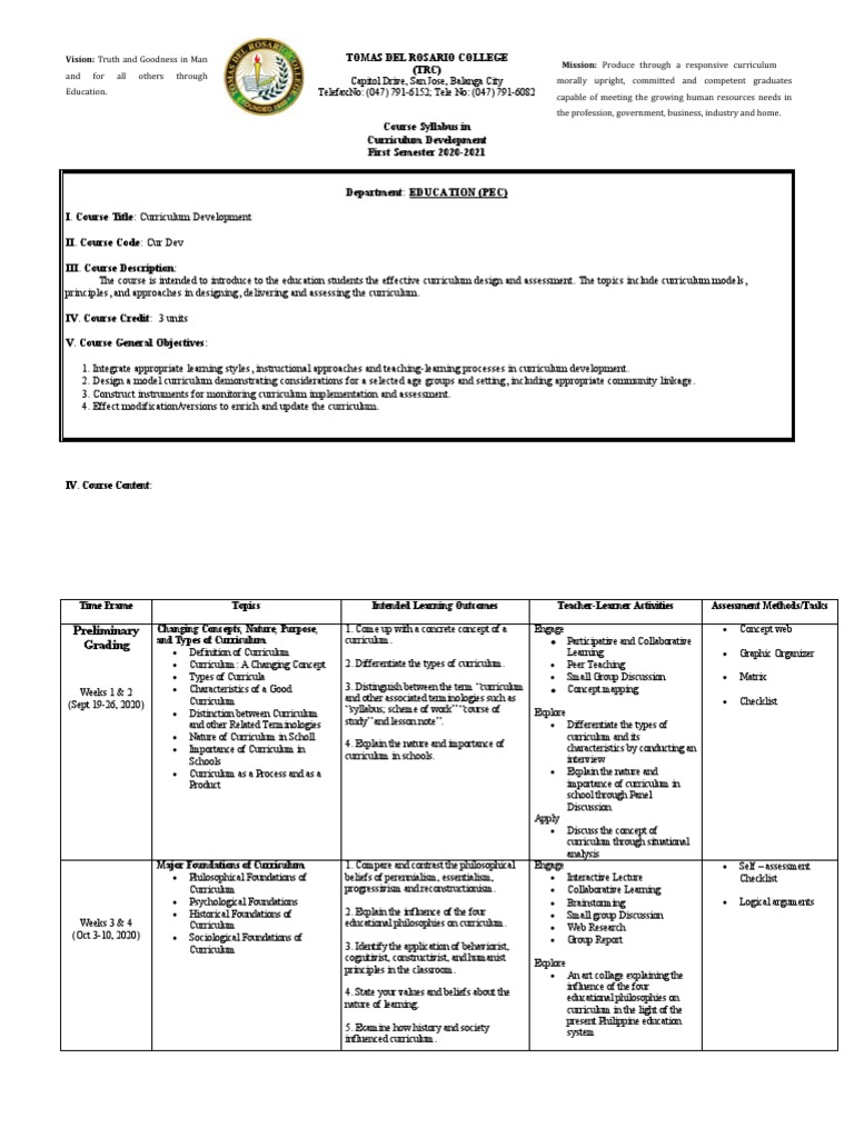 Course Syllabus in Curriculum Development First Semester 2020-2021 ...