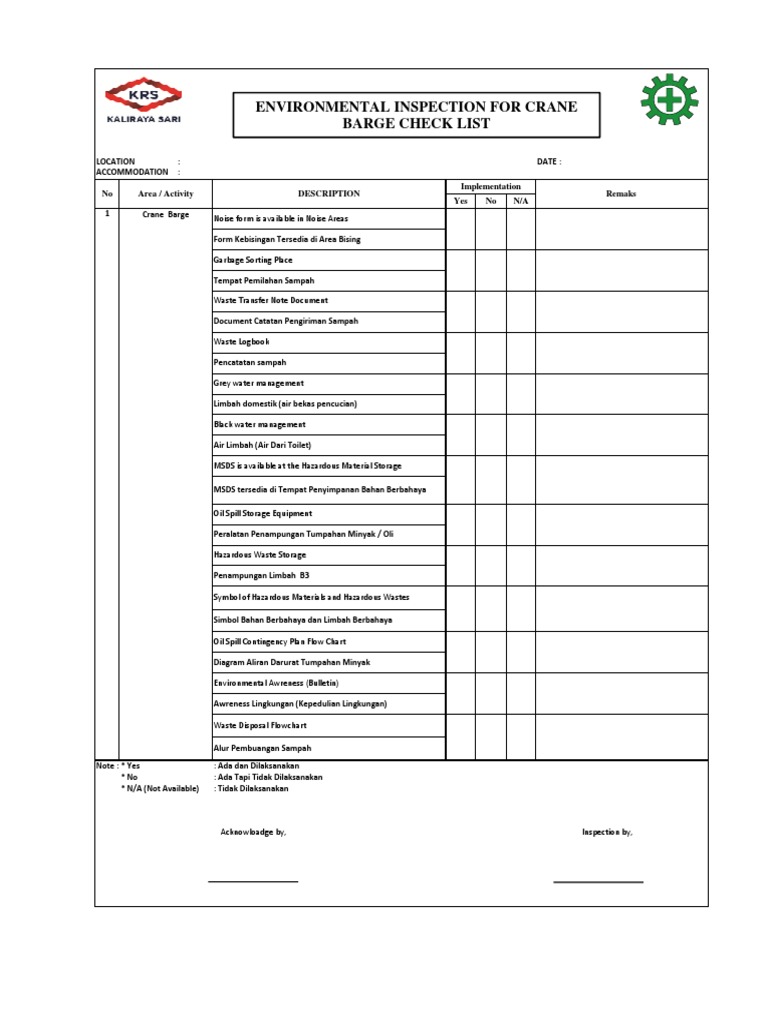Environmental Inspection For Crane Barge Check List | PDF ...