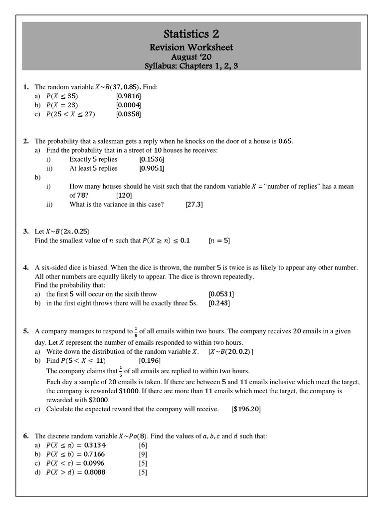 Statistics 2: Revision Worksheet | PDF | Probability Distribution ...