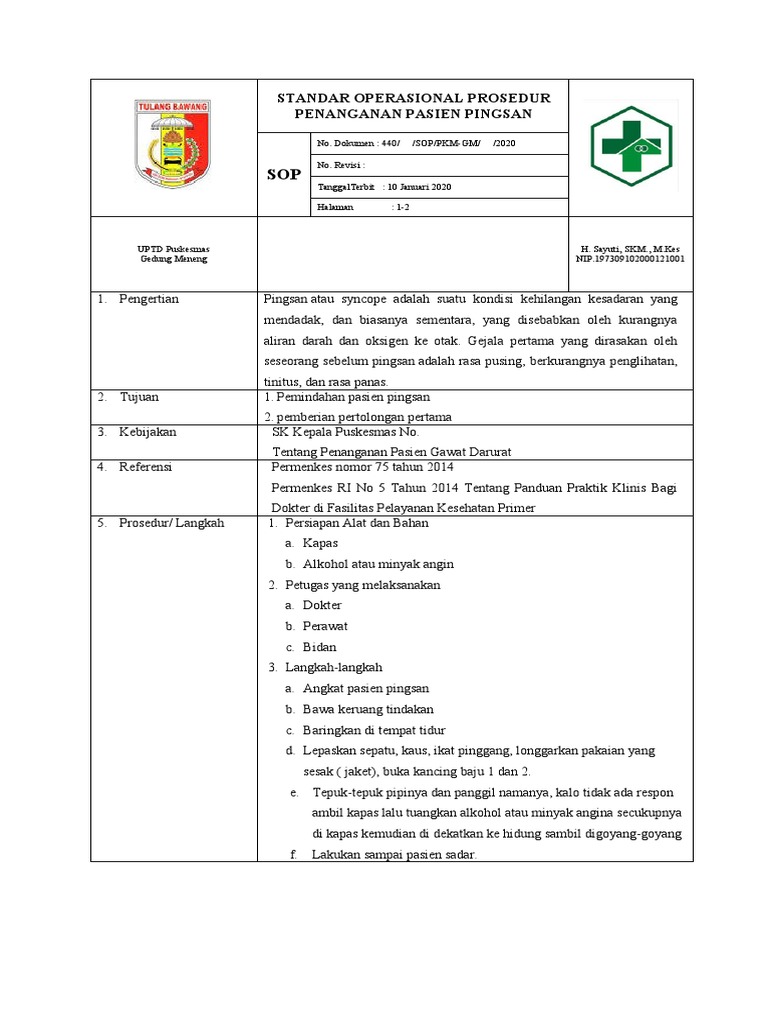SOP Penanganan Pasien Pingsan (Syncope) | PDF