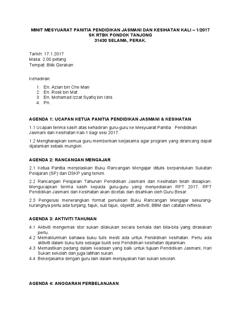 Minit Mesyuarat PJK 1 | PDF