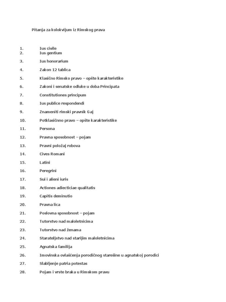 Pitanja Za Kolokvijum Iz Rimskog Prava | PDF