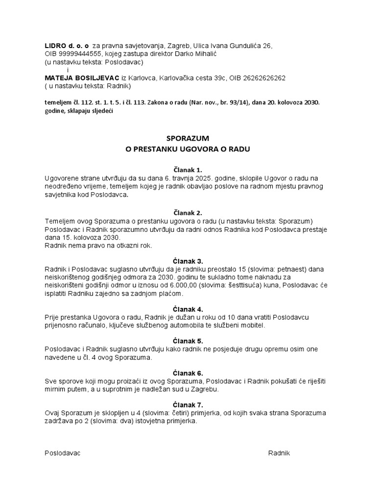 Sporazumni Otkaz Ugovora o Radu Mateja Bosiljevac 4.c | PDF