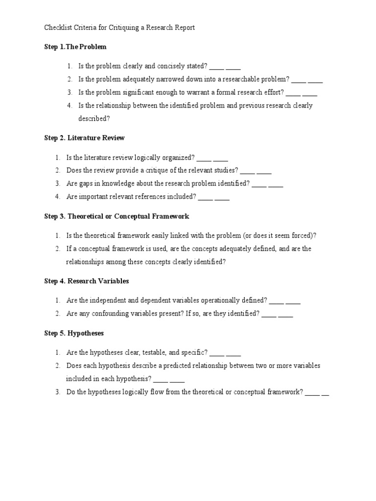 Checklist Criteria For Critiquing A Research Report | PDF | Hypothesis ...