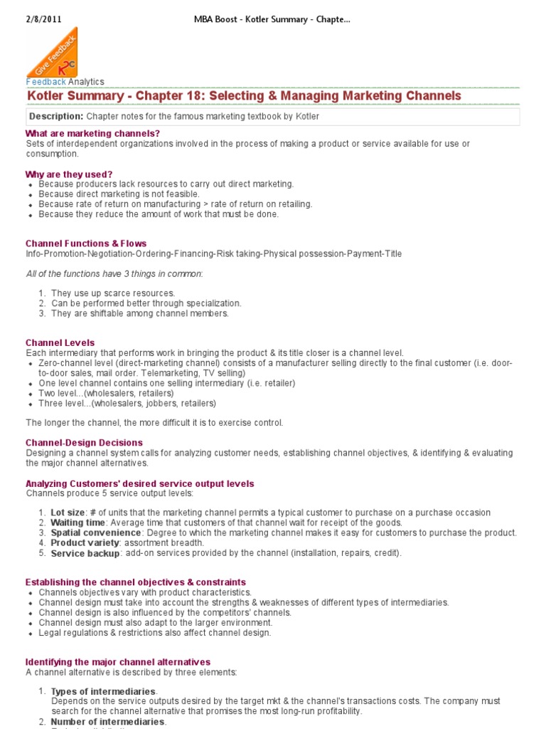 Kotler Summary - Chapter 15 Selecting & Managing Marketing Channels | PDF | Retail | Marketing