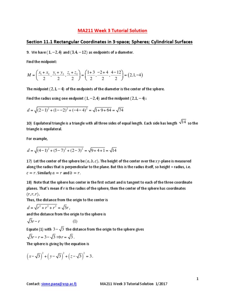MA211 Week 3 Tutorial Solution | PDF | Sphere | Triangle
