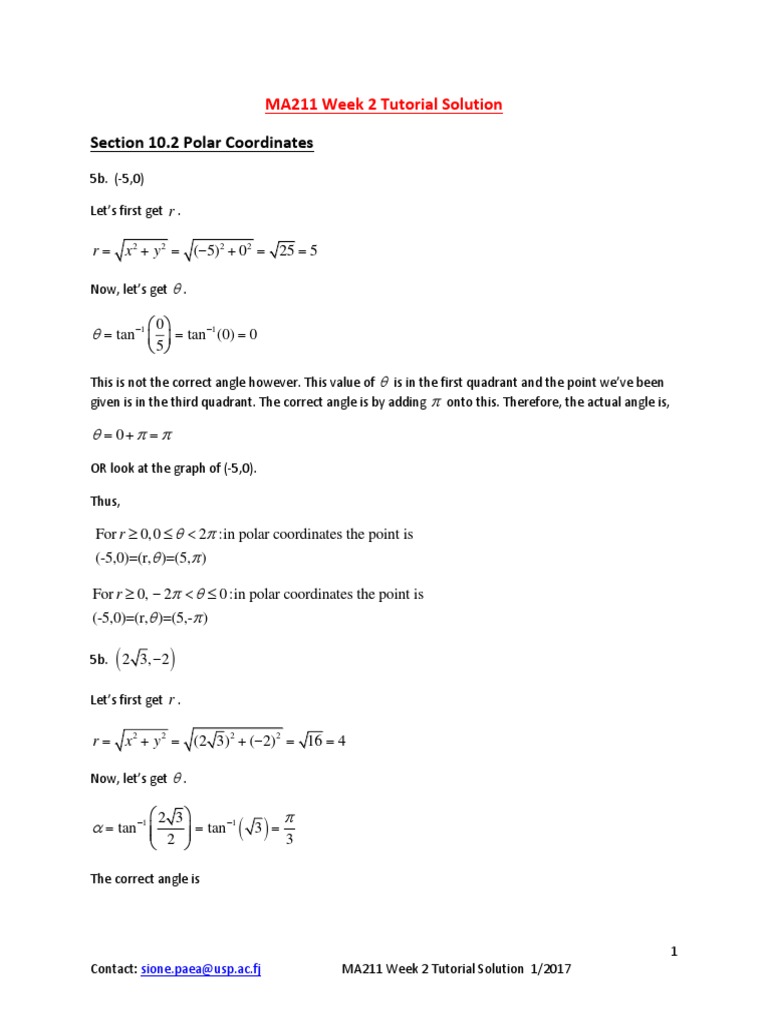 MA211 Week 2 Polar Coordinates Solutions | PDF | Sine | Tangent