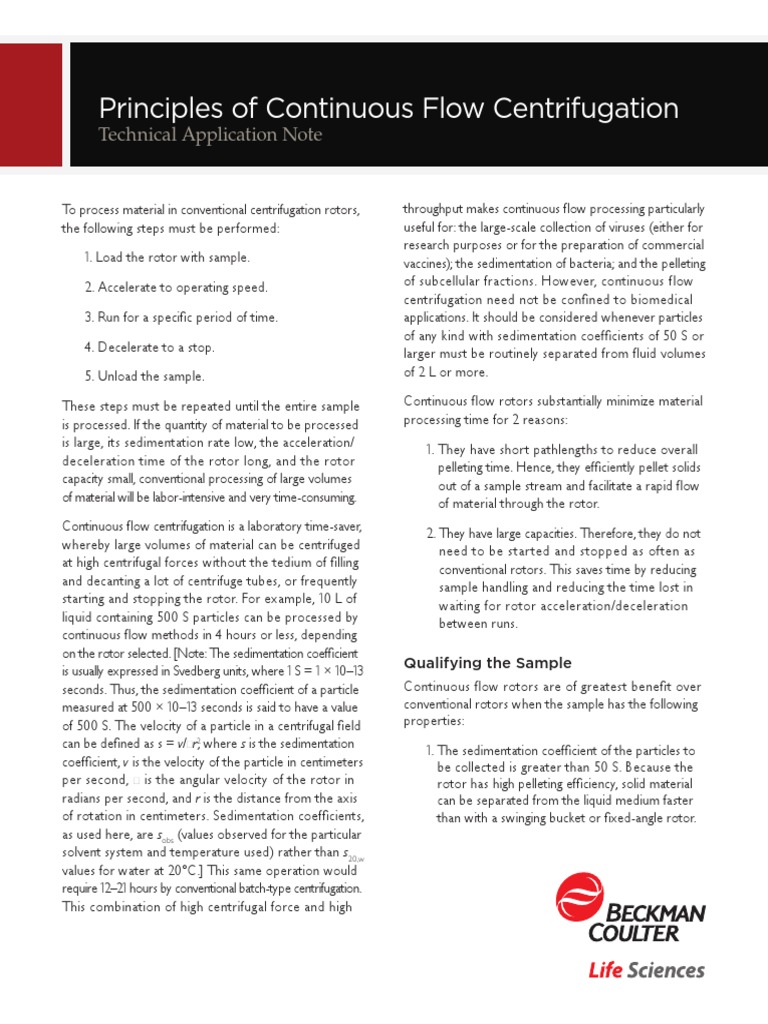 Principles of Continuous Flow Centrifugation: Technical Application Note | PDF | Centrifugation ...