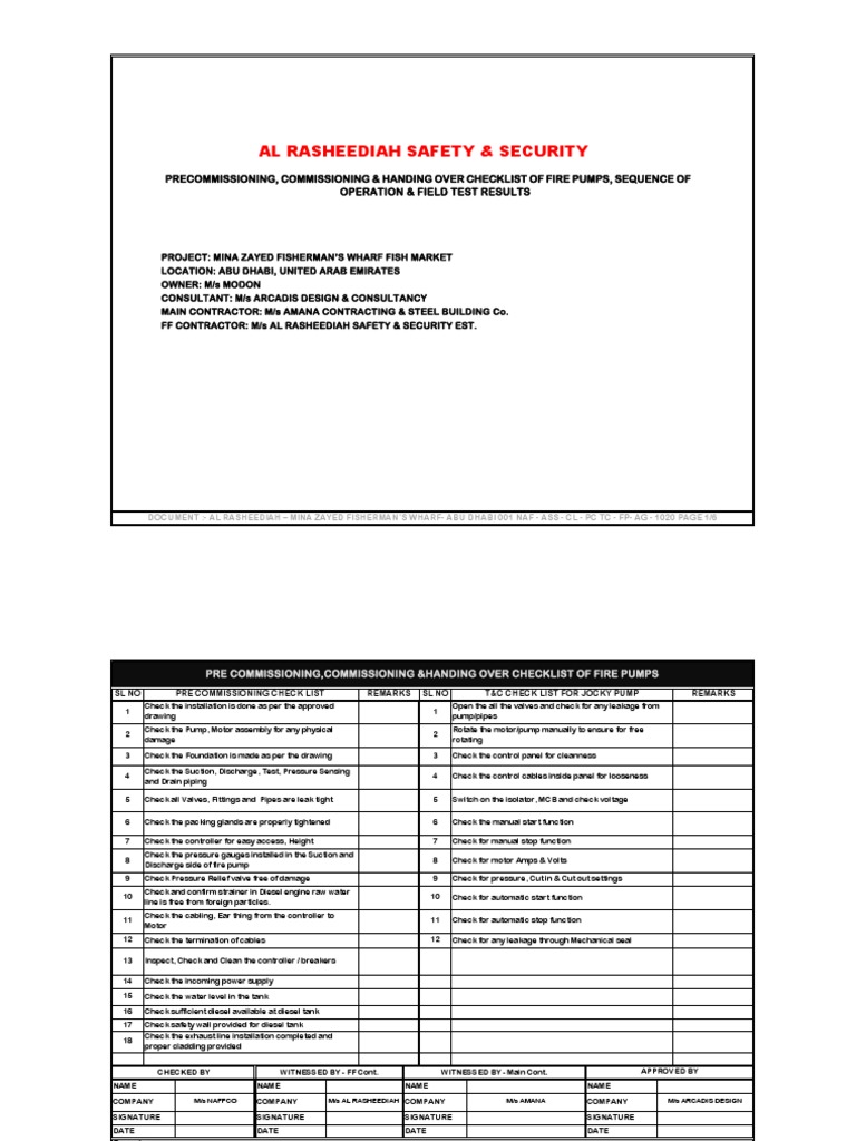 Fire PUMPS T&C Checklist | PDF | Pump | Valve