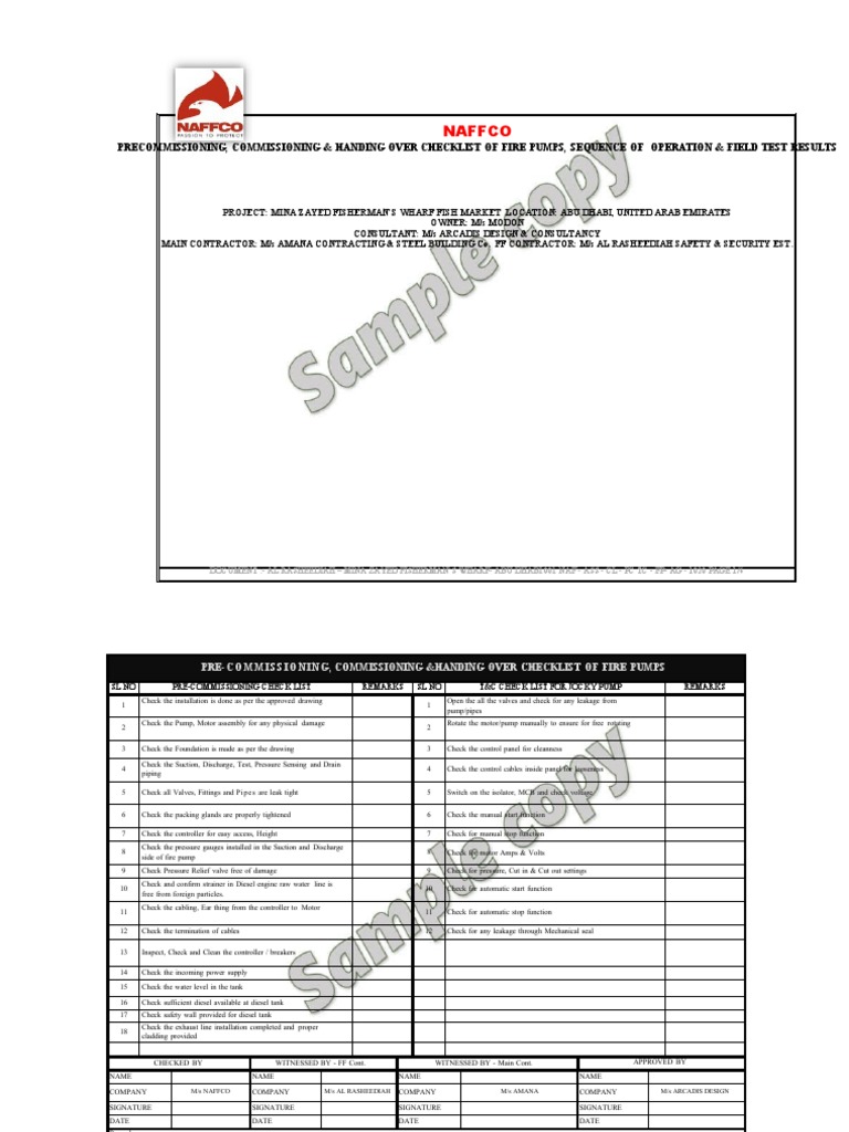 Fire PUMPS T&C Checklist | PDF | Pump | Valve