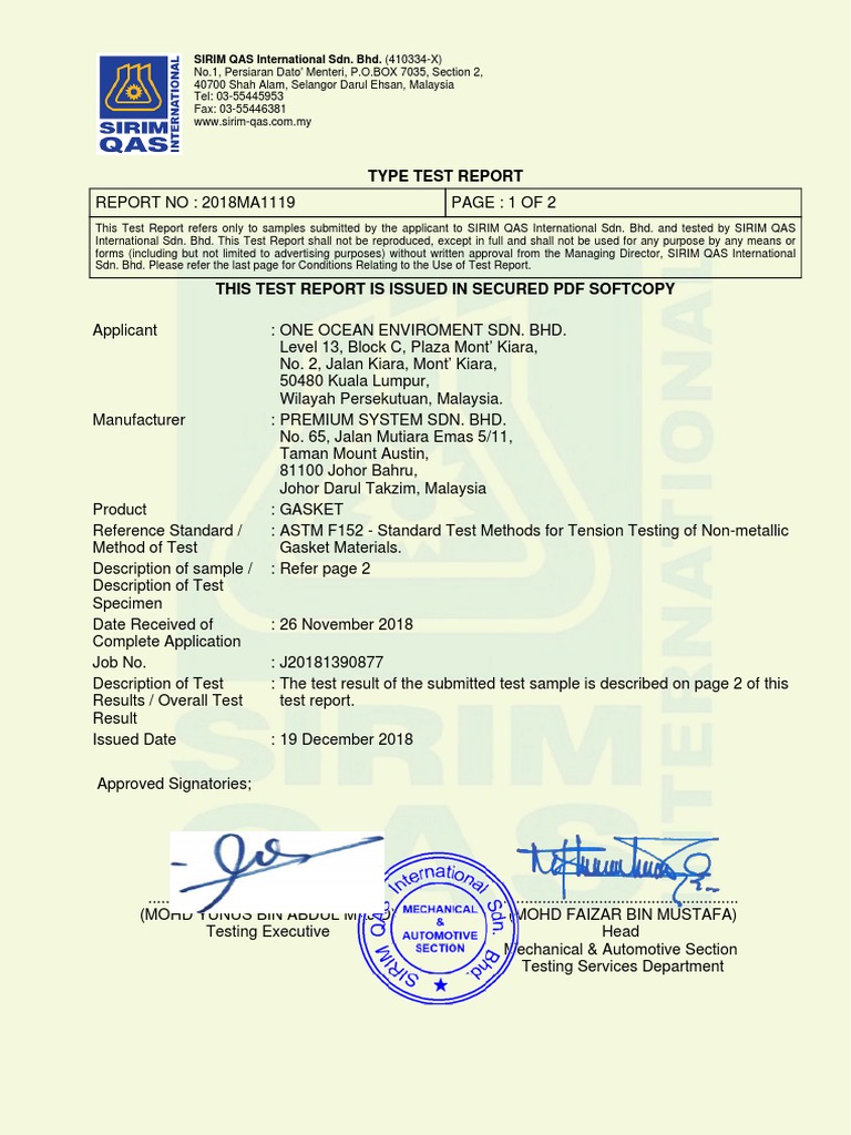 Type Test Report: SIRIM QAS International Sdn. BHD | PDF | Materials ...