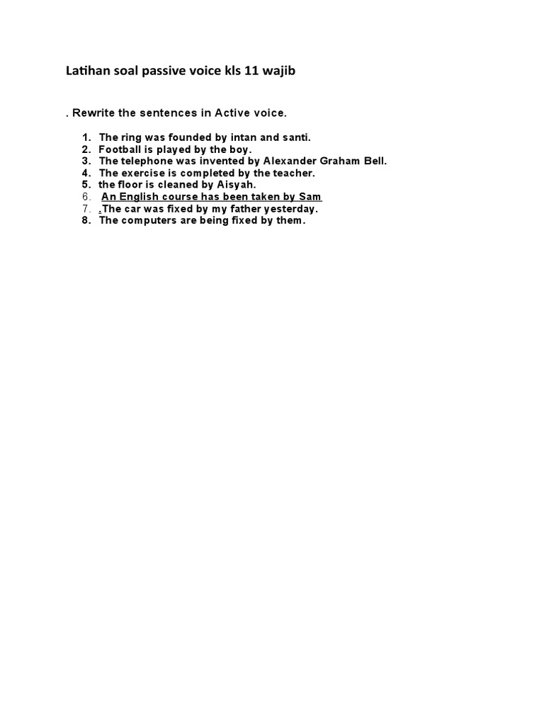 Latihan Soal Passive Voice Kls 11 Waji1 | PDF Latihan Soal Passive Voice Kls 11 Waji1 | PDF