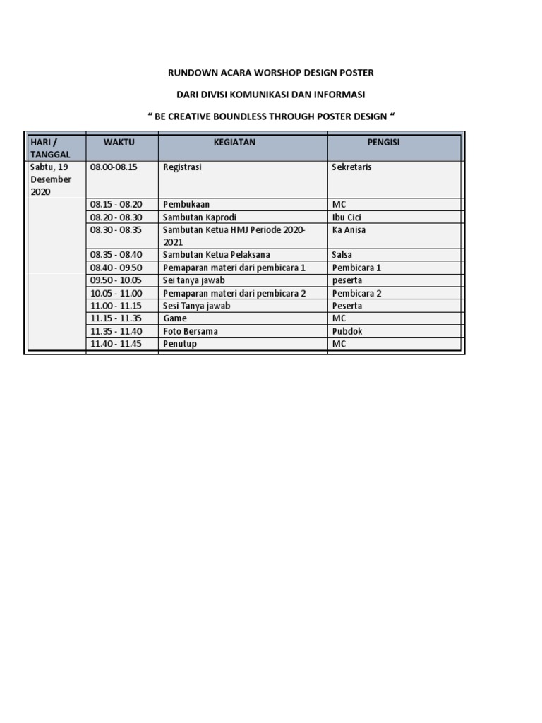 Rundown Acara Worshop Design Poster 1 | PDF