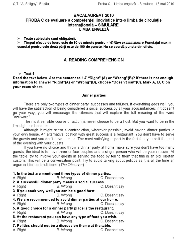 Bacalaureat 2010 PROBA C de Evaluare A Competenţei Lingvistice Într-O Limbă de Circulaţie ...