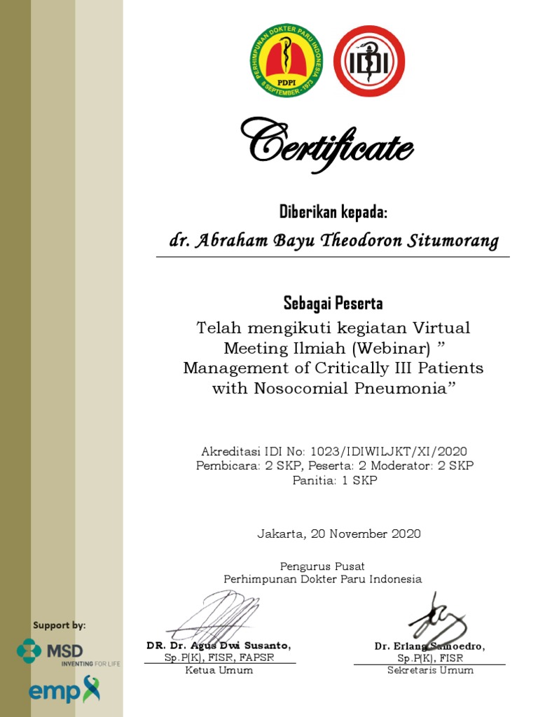 Sertifikat Webinar Pneumonia Nosokomial | PDF