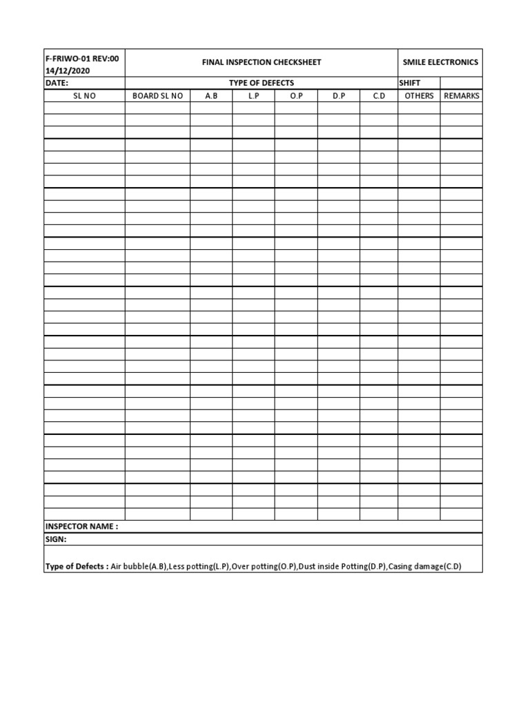 Product Inspection - Final Inspection Checksheet | PDF