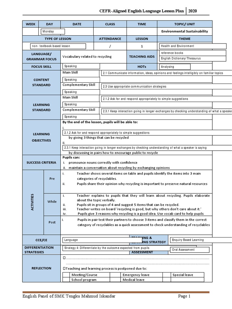 Lesson Plan Cefr Form 2. 2020docx | PDF | Lesson Plan | English Language