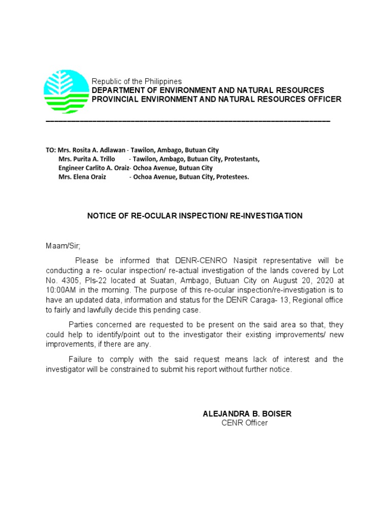 DENR Notice Re-Inspection Land Dispute | PDF | Justice | Crime & Violence