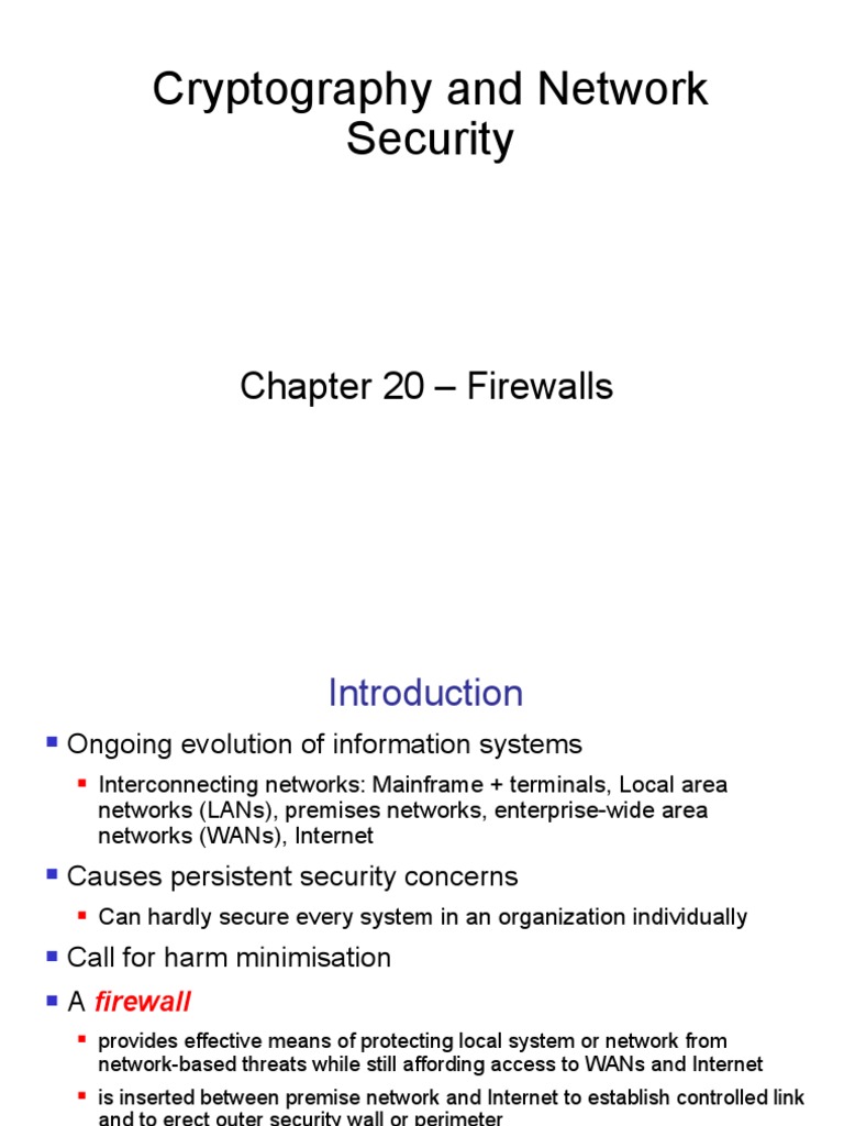 Cryptography and Network Security: Chapter 20 - Firewalls | PDF | Proxy Server | Transmission ...