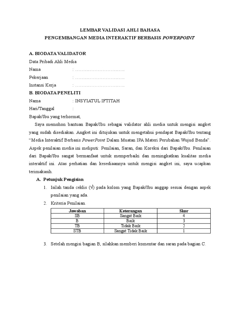 Lembar Validasi Ahli Bahasa 1 | PDF