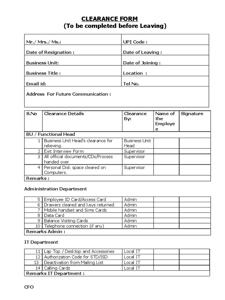 Clearance Form (To Be Completed Before Leaving) | PDF | Computer ...