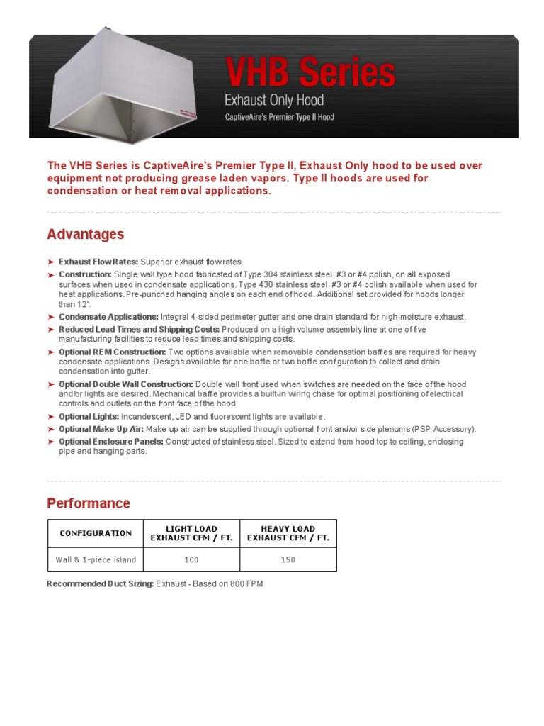 VHB Exhaust Only Hood | PDF | Duct (Flow) | Building Engineering