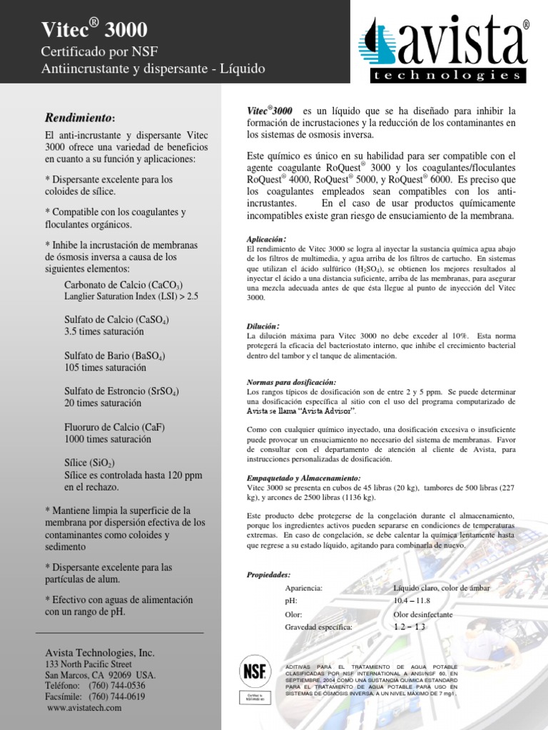 Vitec 3000 NSF Español Data | PDF | Ósmosis | Agua