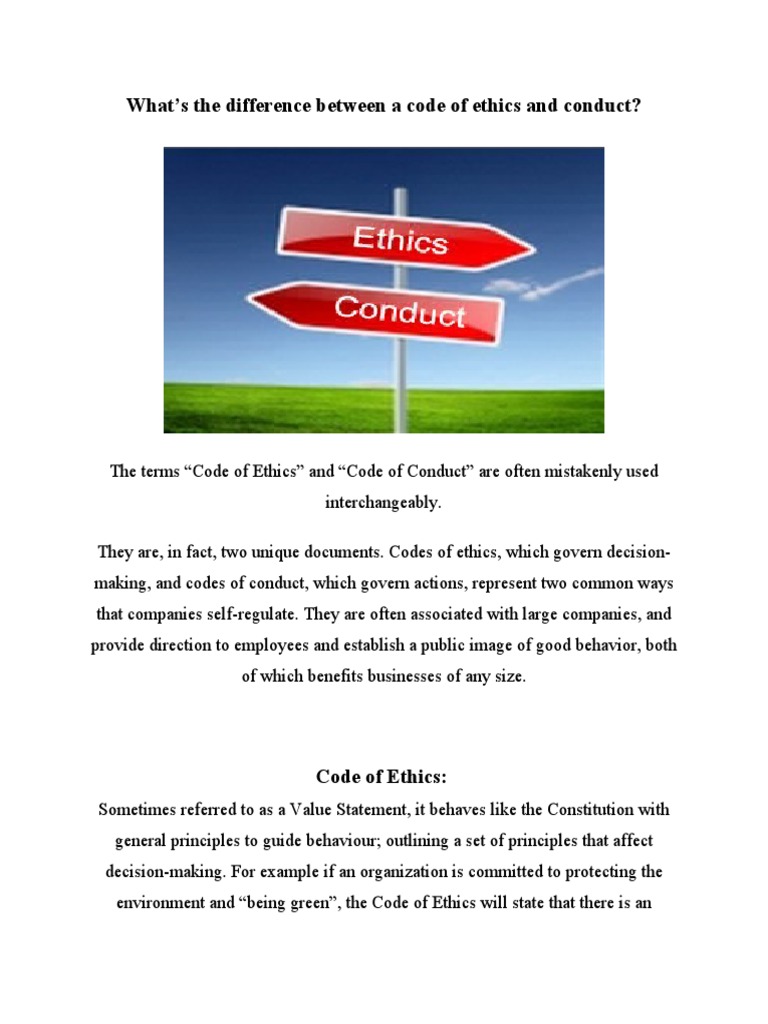 CLASS 7 - 1 - Difference Between A Code of Ethics and Conduct | PDF ...