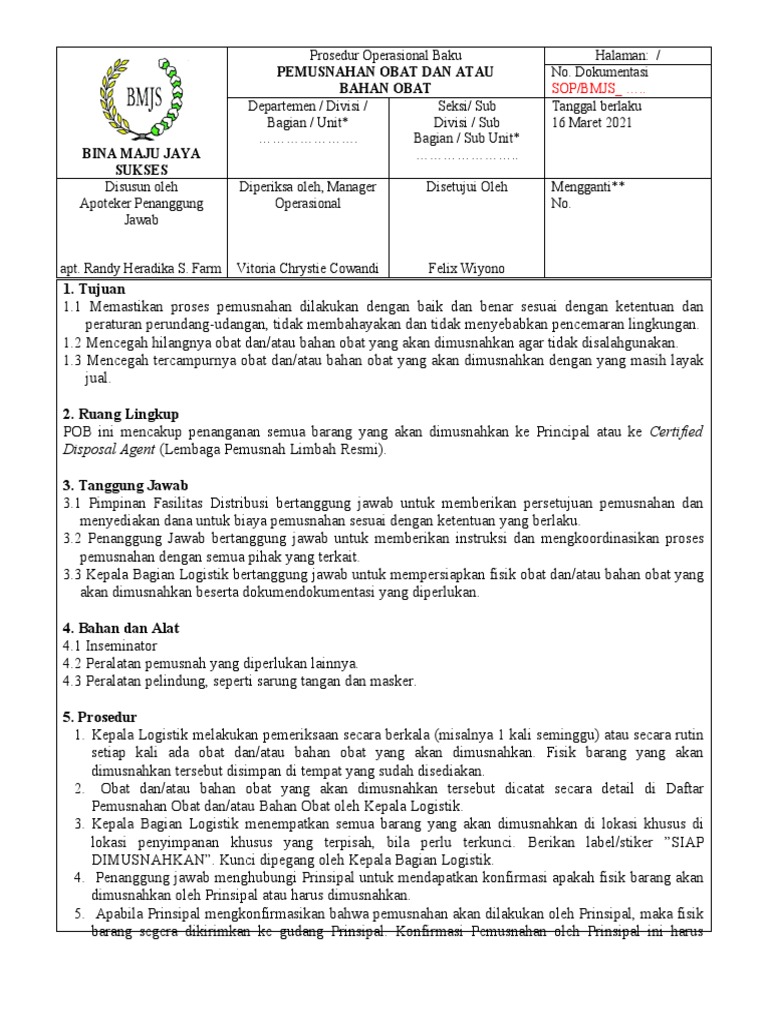 Pob Pemusnahan Obat Dan Atau Bahan Obat | PDF