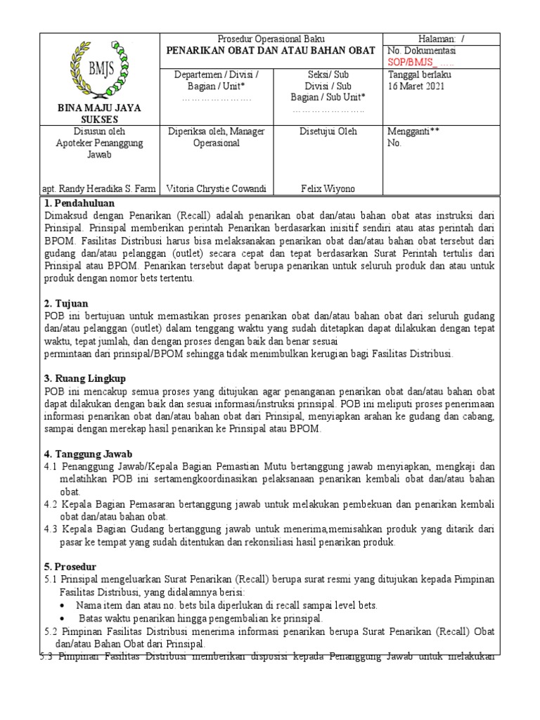 Pob Penarikan Obat Dan Atau Bahan Obat | PDF