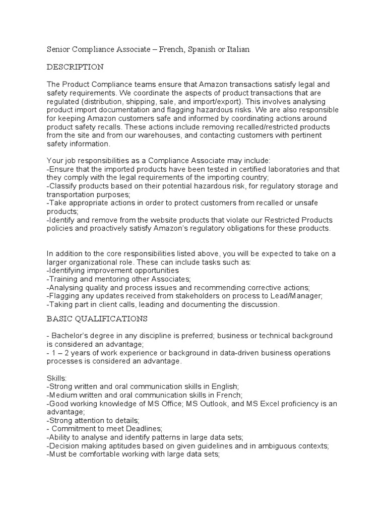 Job Description Senior Compliance Associate Romania | PDF | Regulatory ...