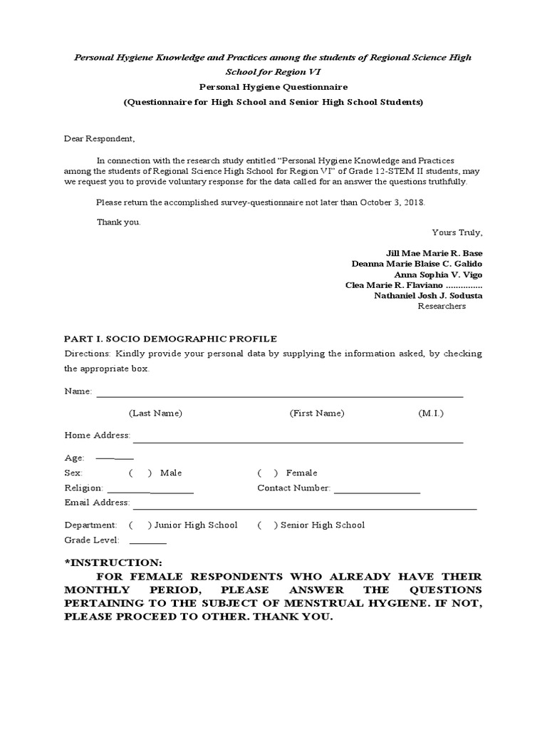 Personal Hygiene Questionnaire (Questionnaire For High School and ...
