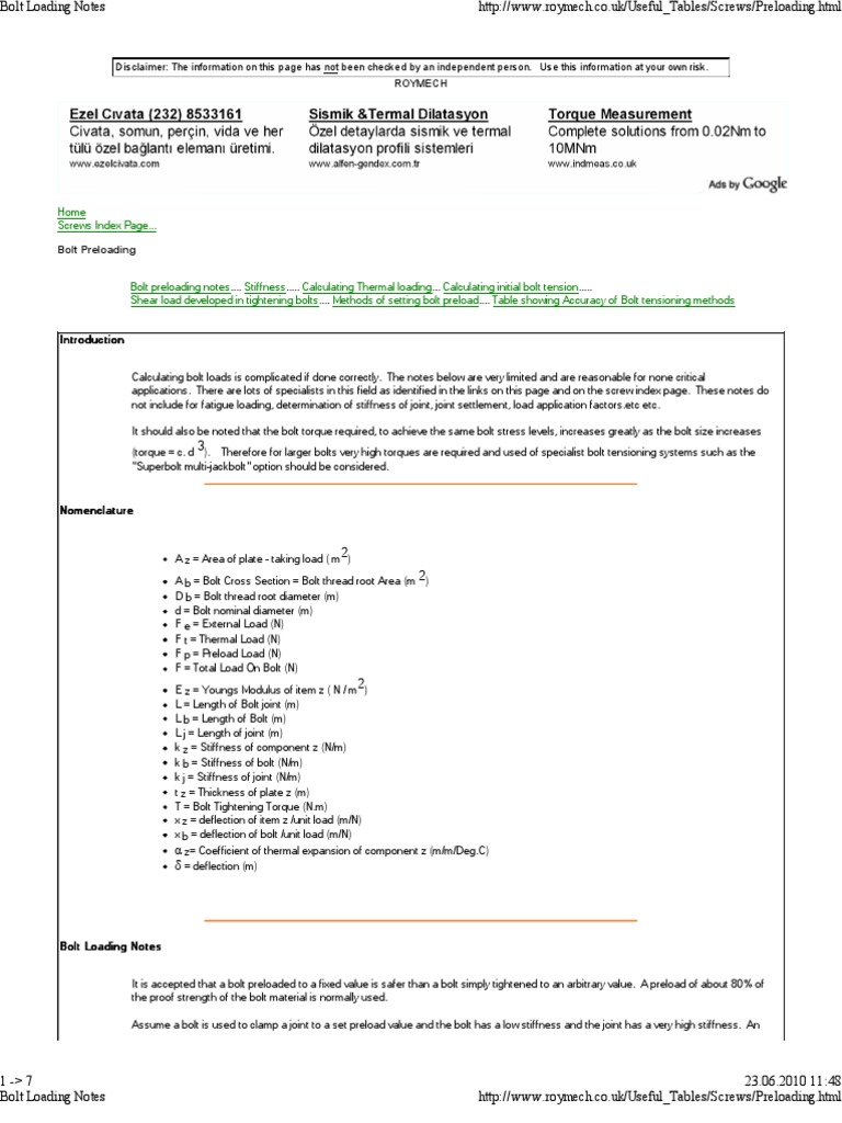 Bolt Loading Notes | PDF | Nut (Hardware) | Applied And ...