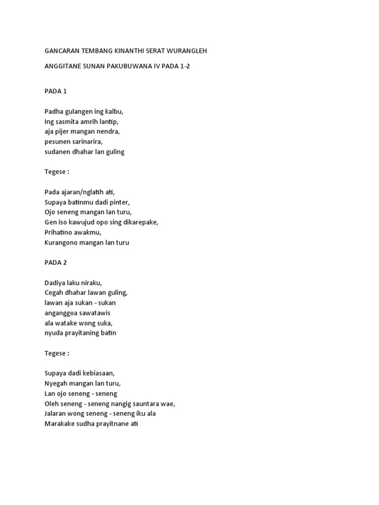 Gancaran Tembang Kinanthi Serat Wurangleh | PDF