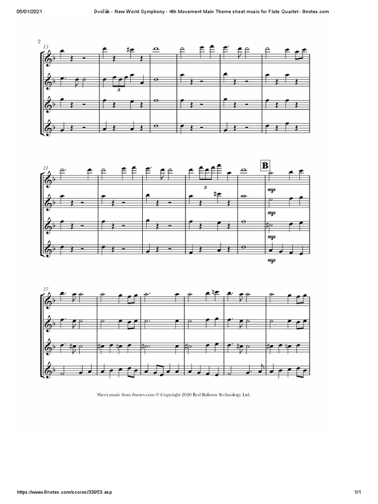 Dvořák New World Symphony Flute Quartet Sheet Music | PDF