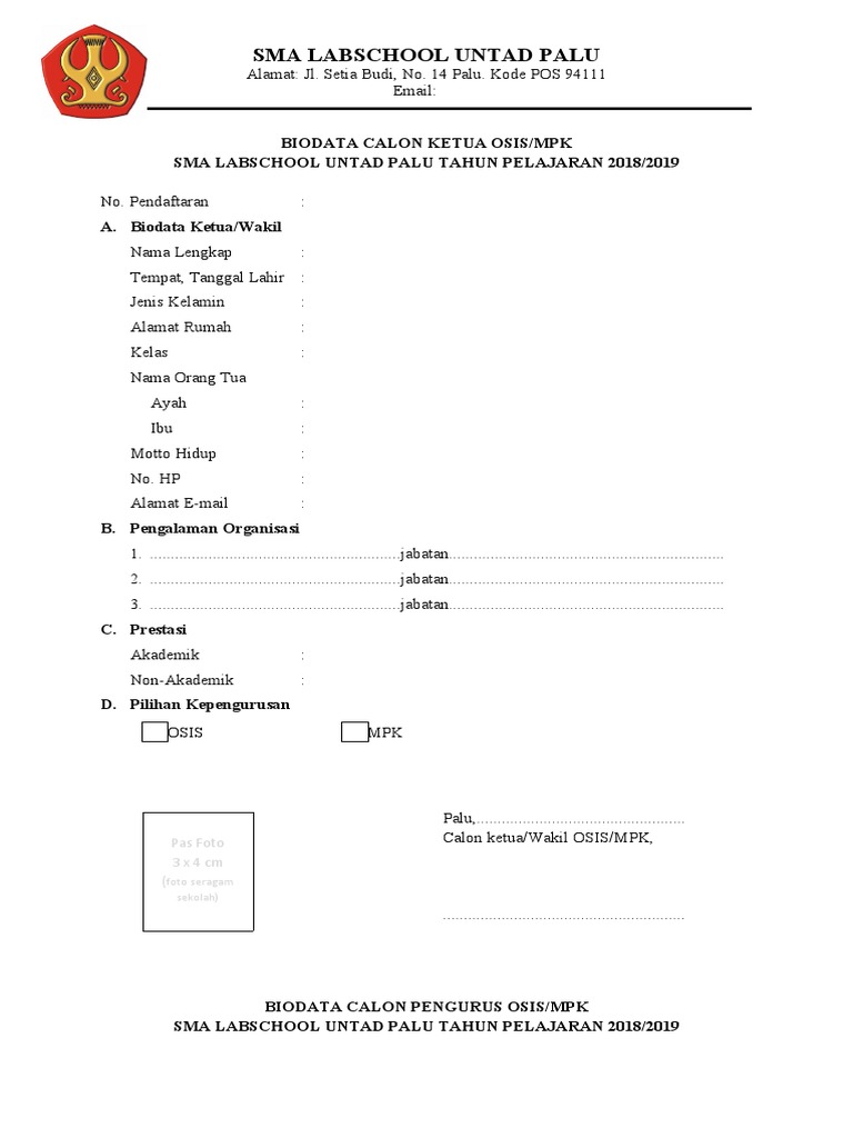 Contoh Formulir Pendaftaran OSIS | PDF