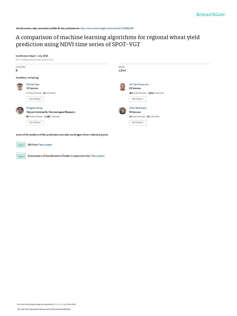 SPOT-VGT - A Comparison of Machine Learning Algorithms For Regional Wheat Yield Prediction Using ...