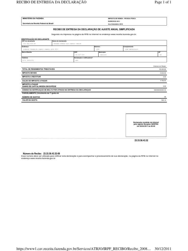 Recibo de entrega da declaração de IRPF 2011 | PDF | Imposto de Renda ...