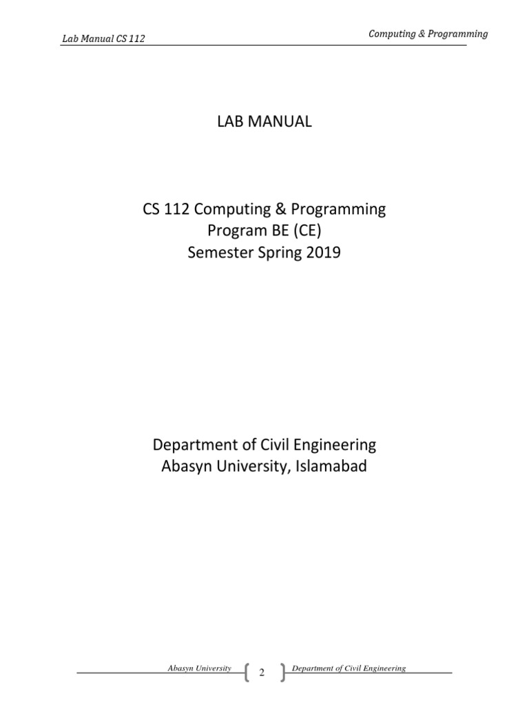 Lab Manual Cs 112 Computing And Programming Pdf Pointer Computer Programming Integer 