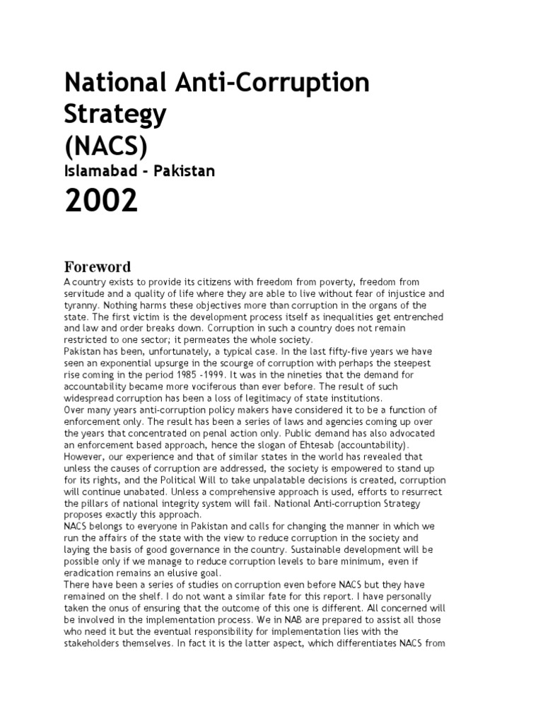 National Anti-Corruption Strategy (NACS) : Islamabad - Pakistan | PDF ...