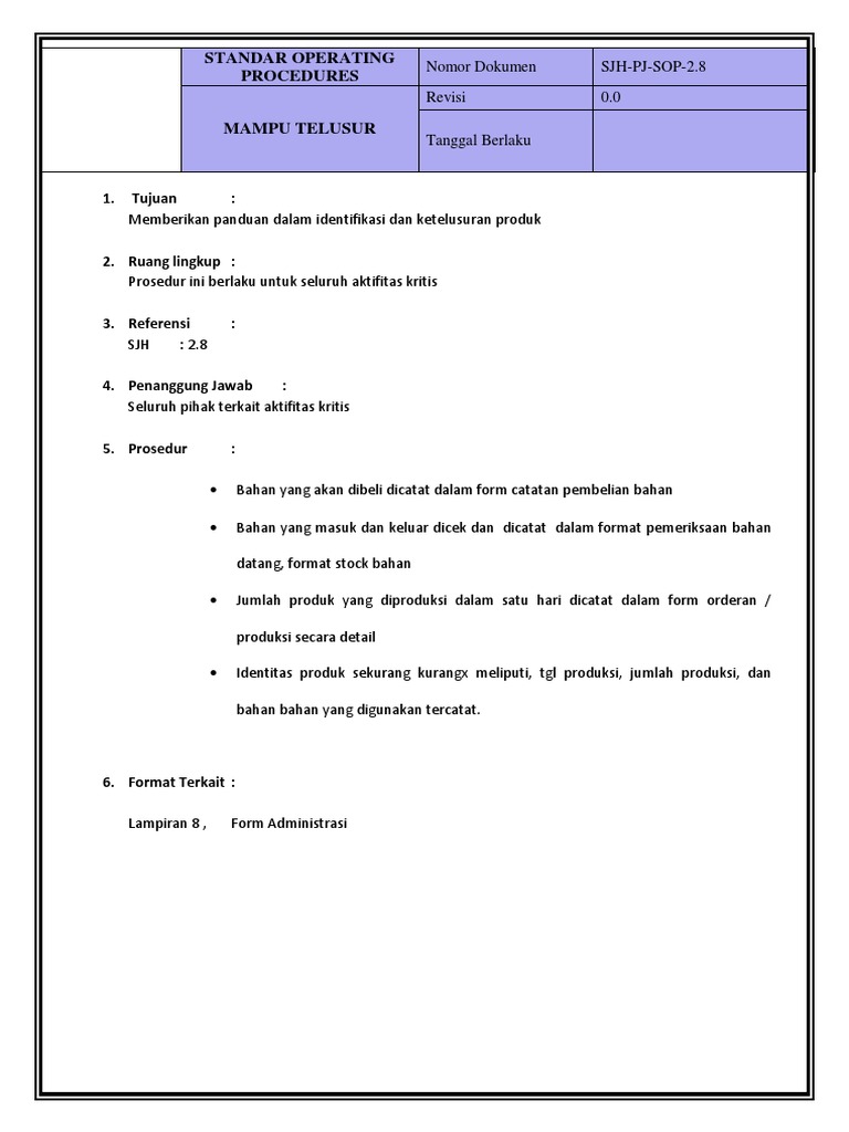 Sop Traceability Atau Mampu Telusur Contoh PDF Free | PDF
