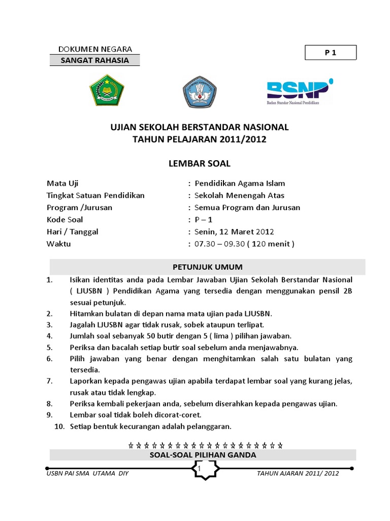 Soal Usbn Pai Sma Paket Utama 1 | PDF