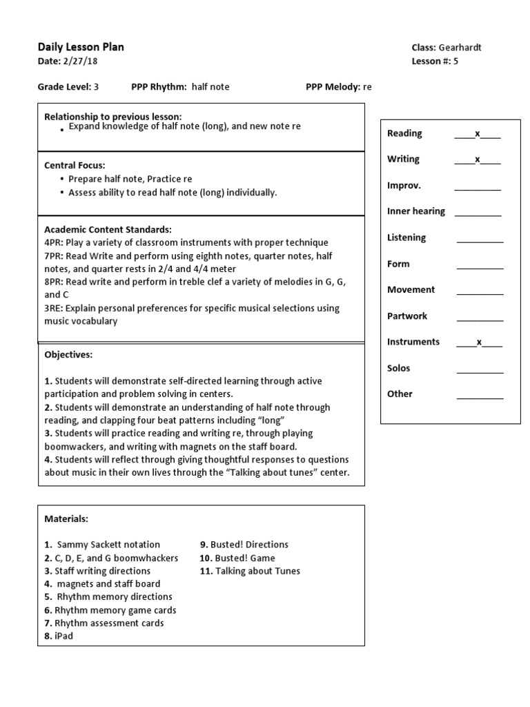 3rd Grade Lesson 5 | PDF | Rhythm | Lesson Plan