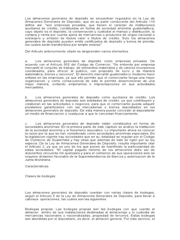 Los Almacenes Generales de Depósito Se Encuentran Regulados en La Ley ...