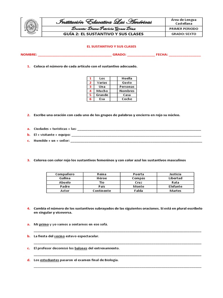 Clases de Sustantivos para Sexto Grado | PDF | Sustantivo | Tipología ...