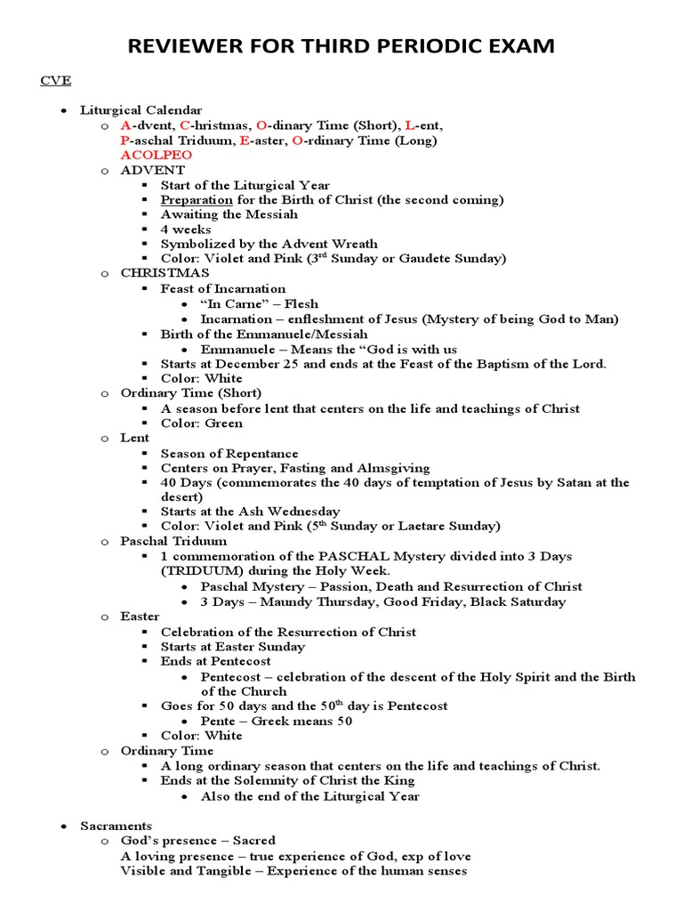Reviewer For Third Periodic Exam: A C O L P E O Acolpeo | PDF | Easter | Advent