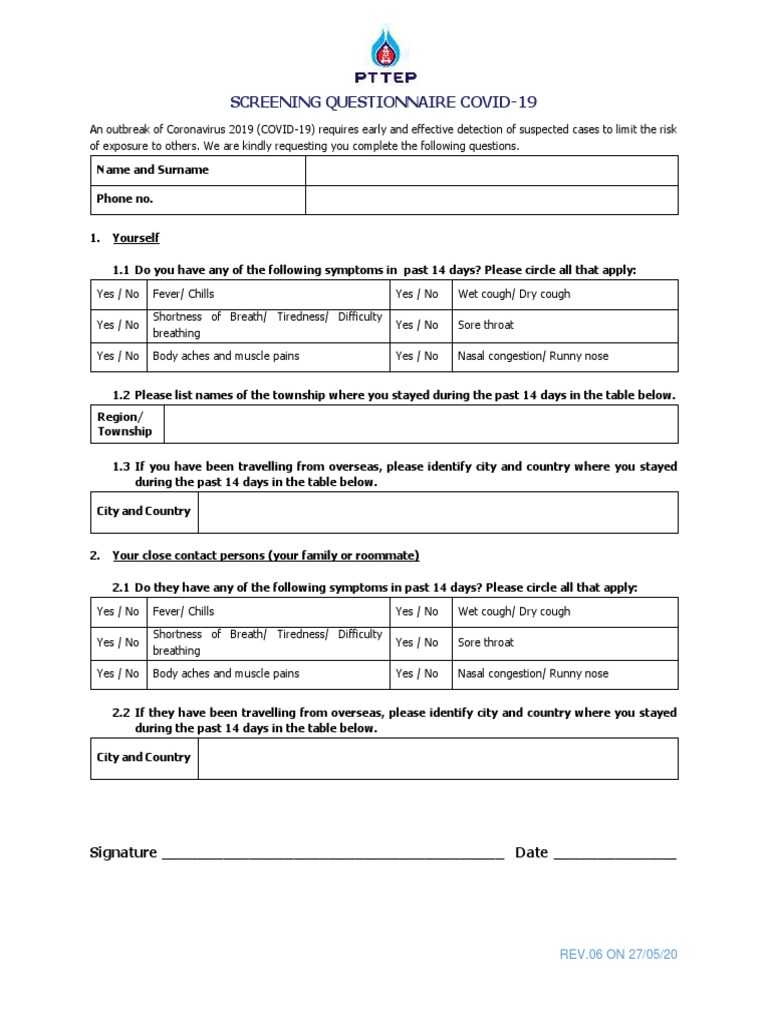 Screening Questionnaire - Covid-19 Rev.6 270520 | PDF